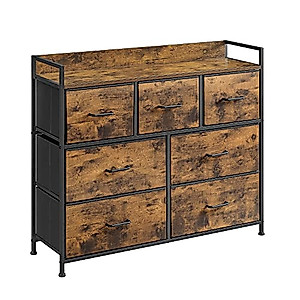 SONGMICS Dresser for Bedroom, Chest of Drawers, 7 Fabric Drawers with Handles, Rustic Brown and Black ULTS137B01