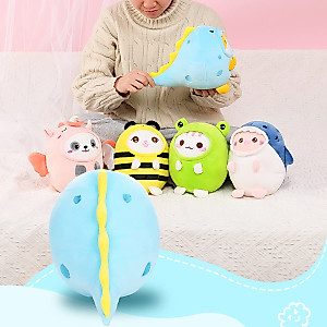 AIXINI Cute Corgi Dinosaur Plush Pillow 8" Shiba Inu Dino Stuffed Animal, Soft Kawaii Corgi Plushie with Blue Dinosaur Outfit Costume Gift for Kids