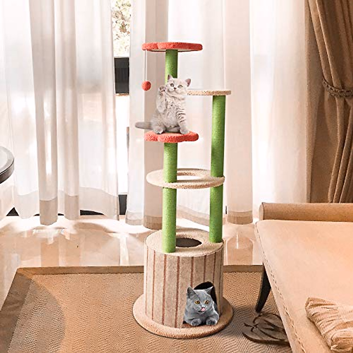 SENNAUX 51in Cat Tree Multi-Level Cat Tower Cat Condo Cat Activity Tree with Sisal Scratching Post Cat Climbing Flower Tower House for Cats Kittens Pets 6 Layers(Light Brown&Red)