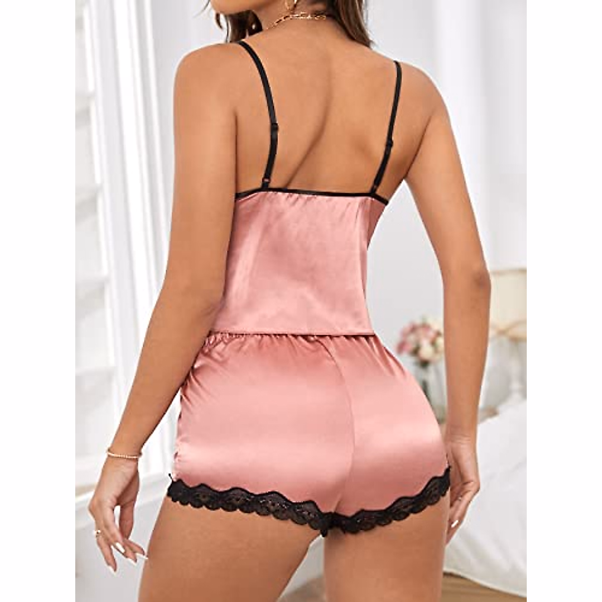 SOLY HUX Women's Lace Trim Satin Sleepwear Cami Top and Shorts Lounge Pajama Set Dusty Pink M