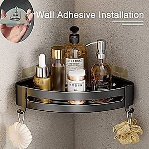 LamChyar Corner Shower Caddy, 3 Tiers Shower Organizer, Aluminium Shower Shelfs with 10 Removable Hooks and Towel Bar, No-Drilling Wall Adhesive Installation(Black)