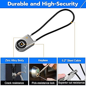 eLinkSmart Fingerprint Cable Lock, 6" Long Shackle Small Keyless Biometric Waterproof Bluetooth Smart Padlock for Gate Outdoor Fence Fridge Cabinet Locker Gun Pool Yard Pantry Helmet Travel - Silver