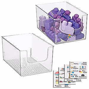 mDesign Plastic Slim Open Front Toy Storage Organizer Bin for Playroom, Nursery, Kids Closets; Holds Action Figures, Crayons, Building Blocks, Puzzles - Ligne Collection - 2 Pack + 24 Labels - Clear