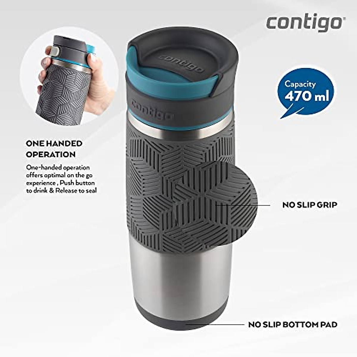 Contigo Autoseal Transit Stainless Steel Travel Mug, 16 Oz, Stainless Steel with Blue