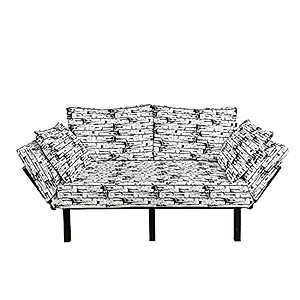 Lunarable Wooden Print Futon Couch, Cottage Style Rustic Planks Oak Background Urban Minimalist House French, Daybed with Metal Frame Upholstered Sofa for Living Dorm, Loveseat, White Black
