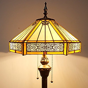WERFACTORY Tiffany Floor Lamp Yellow Hexagon Stained Glass Mission Standing Reading Light 16X16X64 Inches Antique Pole Corner Lamp Decor Bedroom Living Room Home Office S011 Series