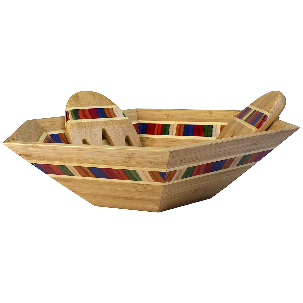 Baltique Marrakesh Collection 14" Salad Serving Bowl with Salad Hands, Bamboo and Colored Birch Wood