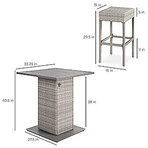 Best Choice Products 5-Piece Outdoor Wicker Bar Table Set for Patio, Poolside, Backyard w/Built-in Bottle Opener, Hidden Storage Shelf, Metal Tabletop, 4 Stools - Gray