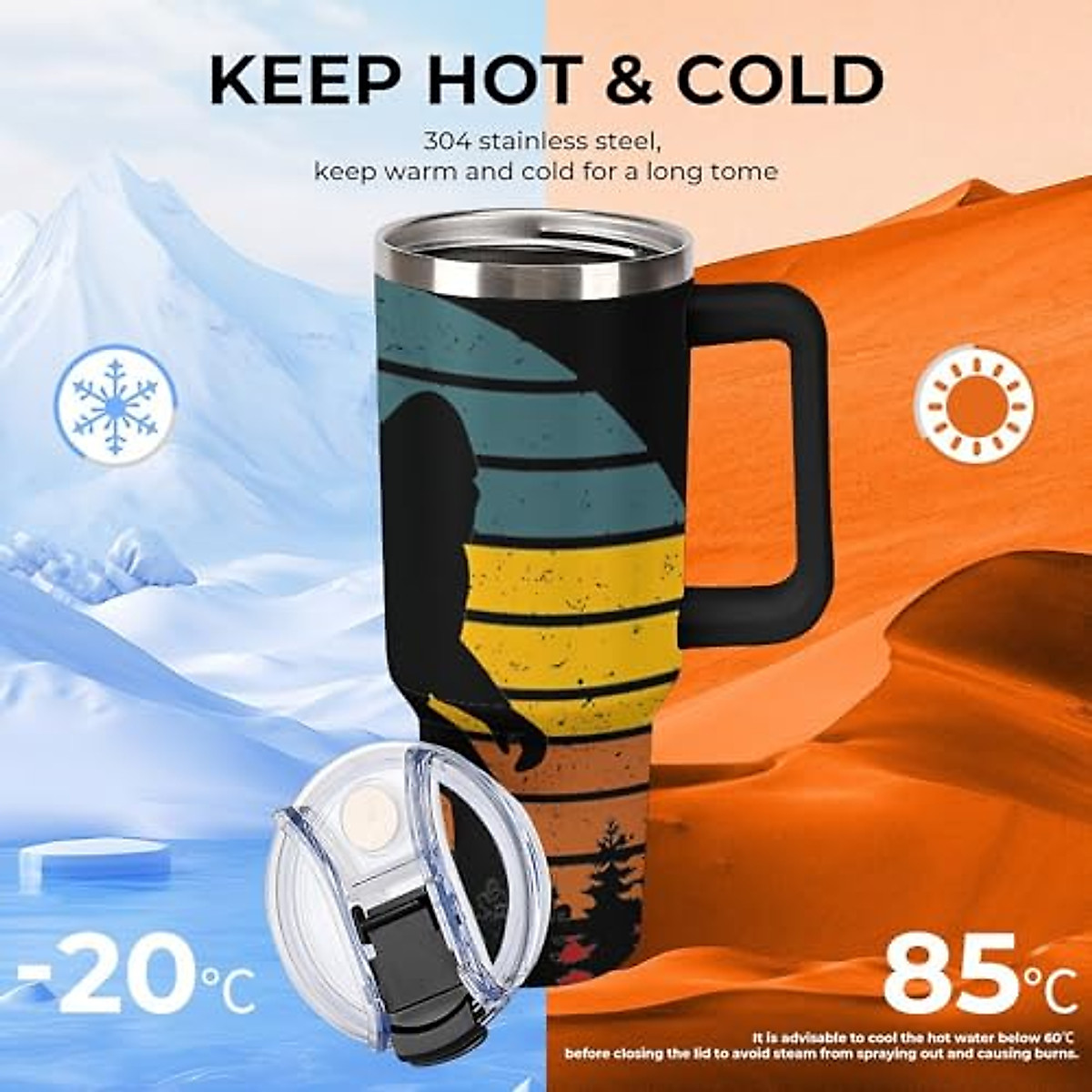 Retro Bigfoot Silhouette (1) 40 Oz Tumbler with Handle And Straw Lid,Insulated Reusable Stainless Steel Travel Glass Mug 40 Ounces