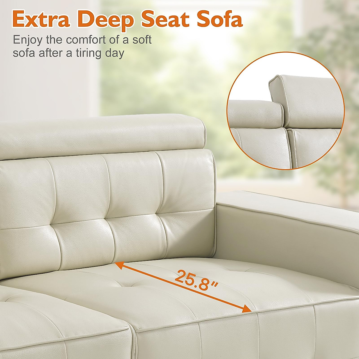 RESTREAL 83.8” Leather Sofa Couches for Living Room, Modern 3 Seater Comfy Sofa, Loveseat Sofa with Wide Armrest, Adjustable Backrest, Small Couches for Small Spaces, Apartment, Office (Beige)