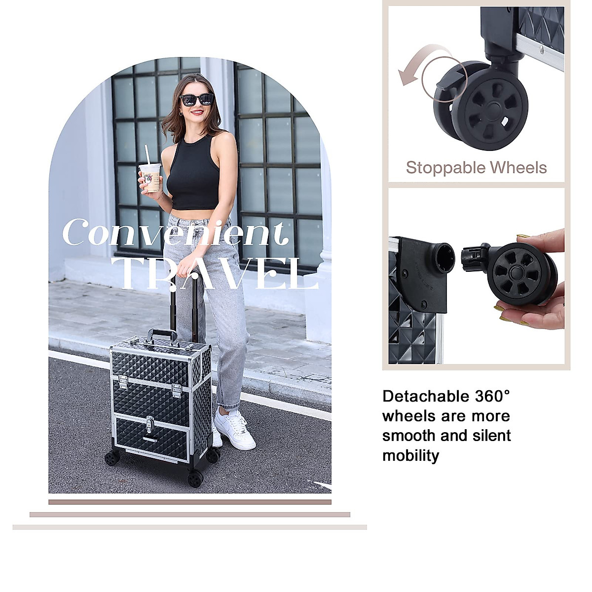 Adazzo Professional Rolling Makeup Case for Makeup Artists Multi-functional Cosmetic Train Case Large Storage Case for Nail Technicians Cosmetology Case with Compartments for Hairstylist