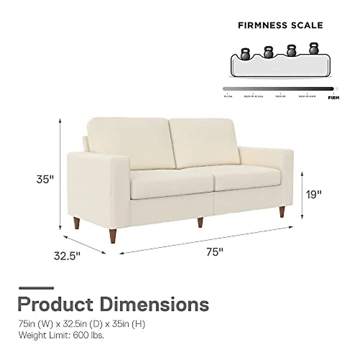 DHP Liah 3-Seater Sofa with Pocket Spring Cushions, Ivory