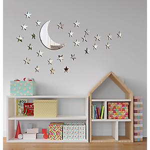 Stars Moon Acrylic Mirror Wall Stickers 3 Sizes Stars Stickers with Adhesive Art Decal 3D Wall Decorations for Baby Kids Bedroom Home DIY Decor