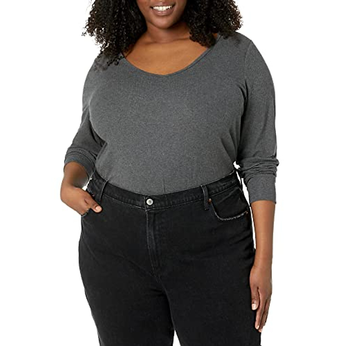 Amazon Essentials Women's Slim-Fit Layering Long Sleeve Knit Rib V-Neck (Available in Plus Size), Pack of 2, Black/Charcoal Heather, Small