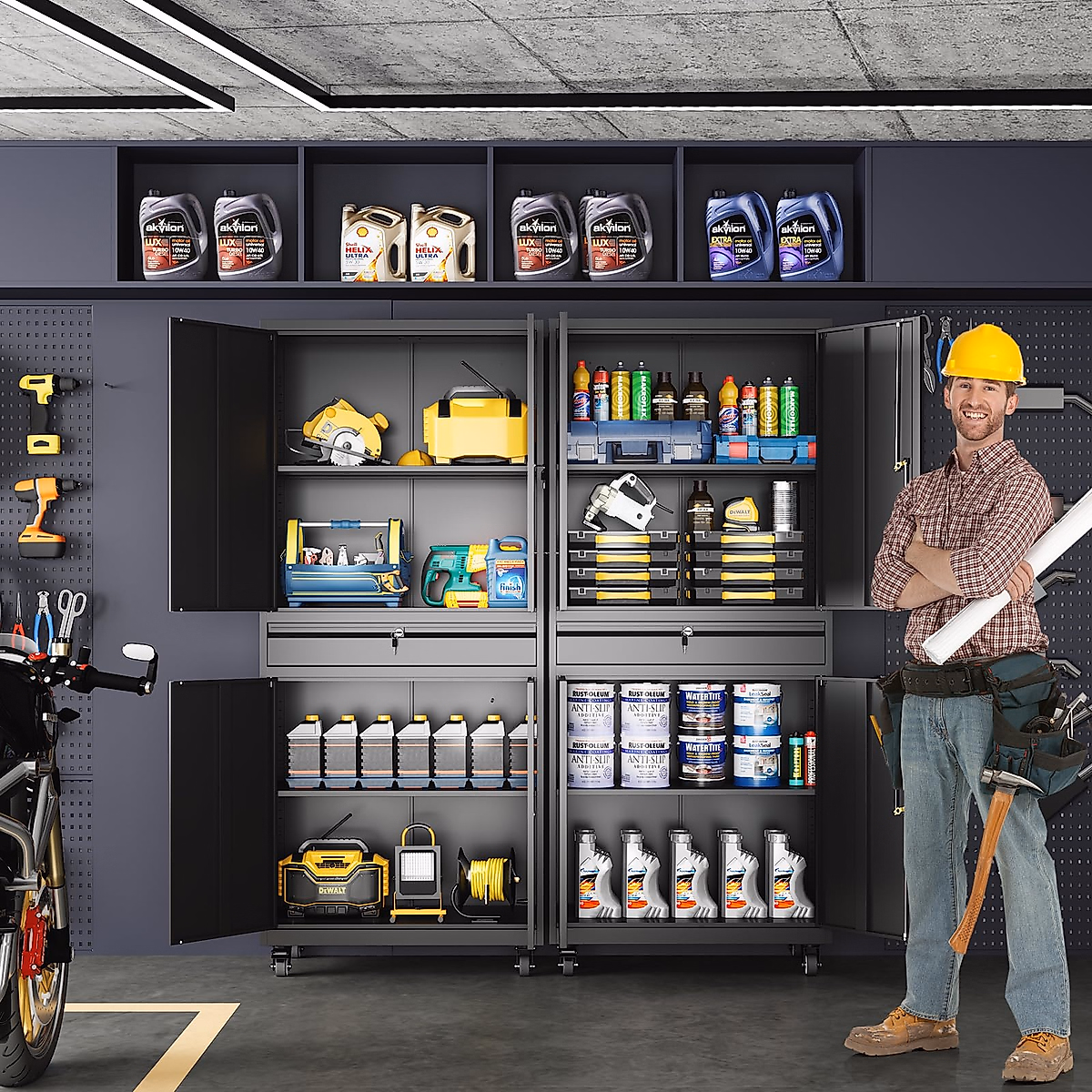 Yizosh Metal Garage Storage Cabinet with Locking Doors and Adjustable Shelves, Rolling Tool Storage Cabinet with 4 Wheels and 1 Drawer - 73" Steel Locking Cabinet for Garage, Warehouse (Black)