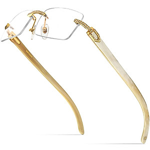 HEPIDEM 100% Really Buffalo Horn Handmade Glasses Rimless Diamonds Eyeglasses 0015 (Diamond White, 53)