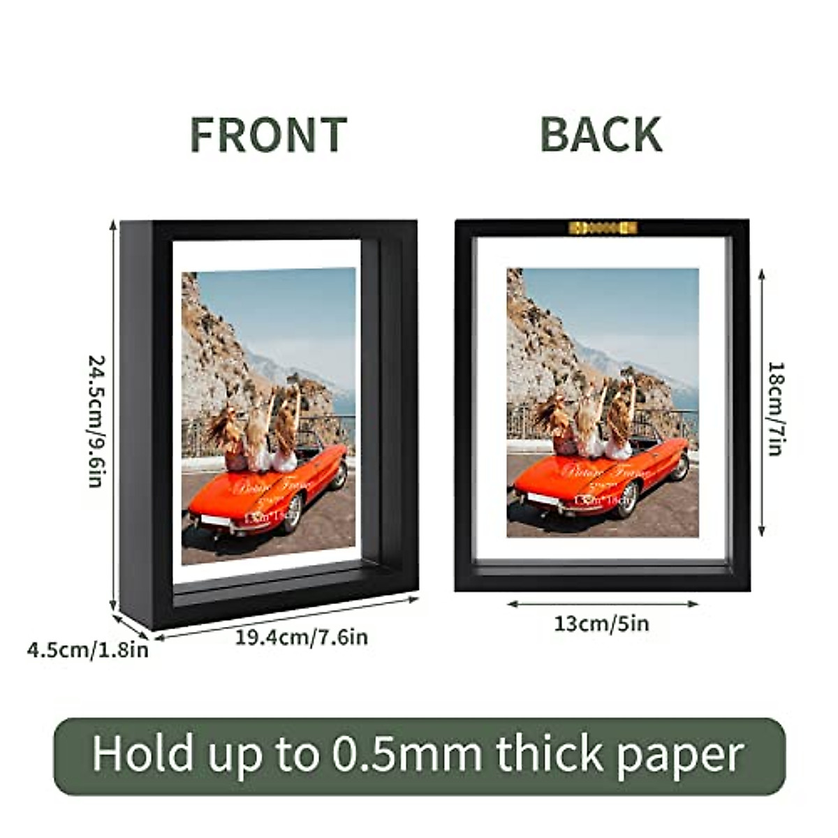 Trwcrt 5x7 Picture Frame Set of 4, Double Glass Floating Photo Frames Display up to 7 x 9 Photos for Desktop or Wall Hanging, Black