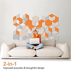 JBER Hexagon Acoustic Panels Beveled Edge Sound Proof Foam Panels Self-adhesive,14" X 12" X 0.4" High-Density Sound Absorbing Panels Wall Tiles for Acoustic Treatment, Home Office （12 Pack Orange）…