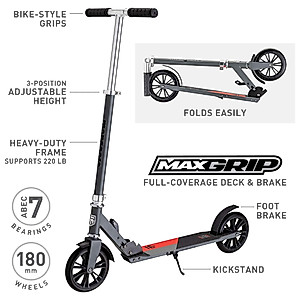Mongoose Trace Youth/Adult Kick Scooter Folding and Non-Folding Design, Regular, Lighted, and Air Filled Wheels, Multiple Colors, Grey/Red , 180mm Wheels
