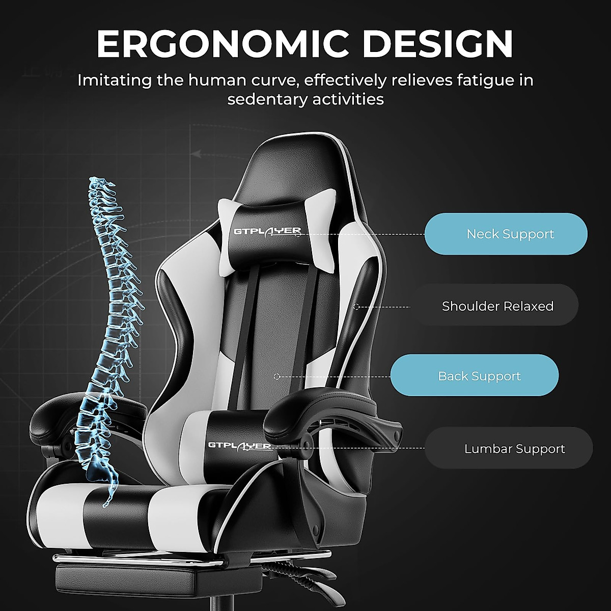 GTPLAYER Gaming Chair, Computer Chair with Footrest and Lumbar Support, Height Adjustable Game Chair with 360°-Swivel Seat and Headrest and for Office or Gaming (White)