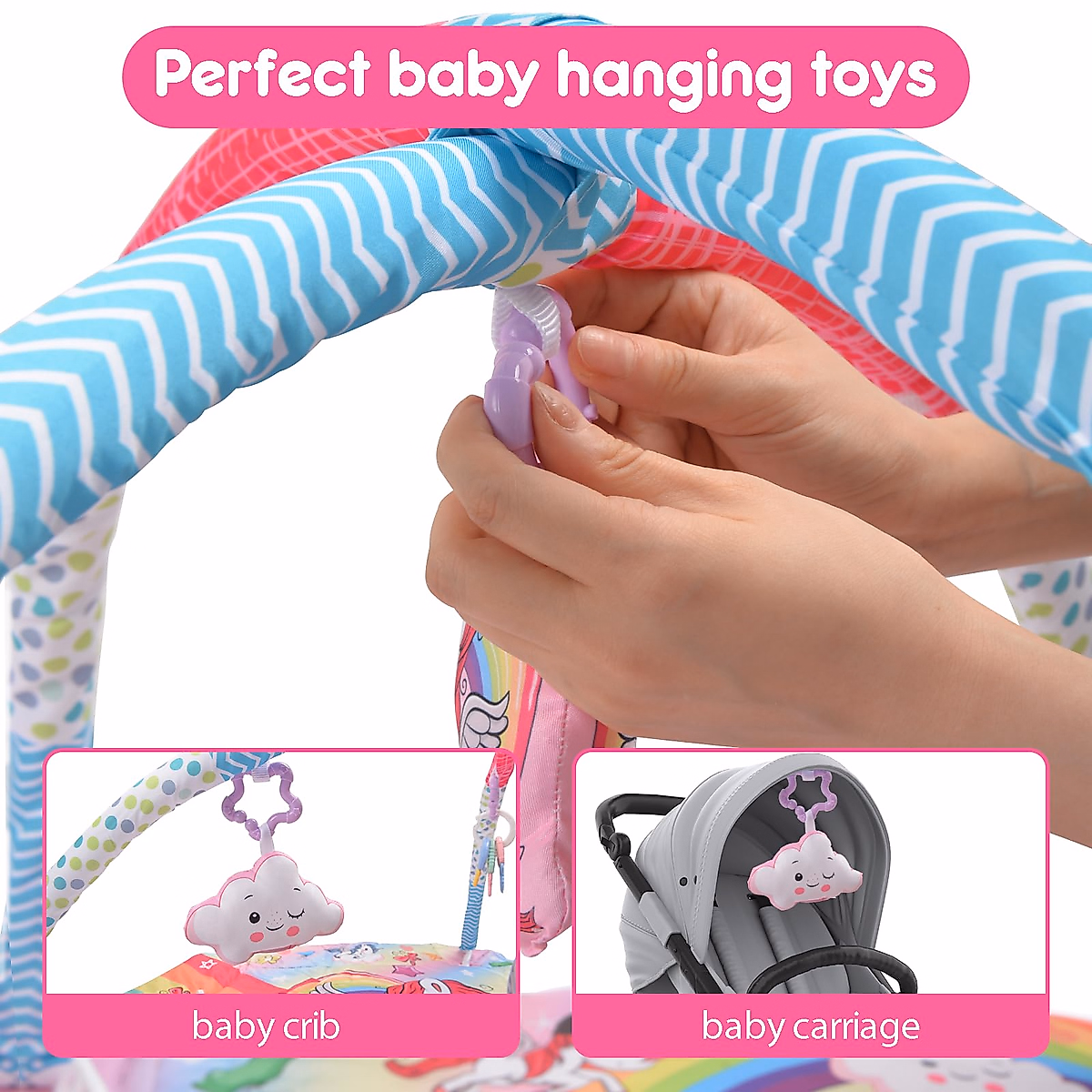 BATTOP Baby Activity Gym Play Mat,Tummy Time Mat Baby Gym with Sensory Rattle Toys&Tummy Time Pillow,for Sensory Motor Skill Development,Newborn Shower Gift