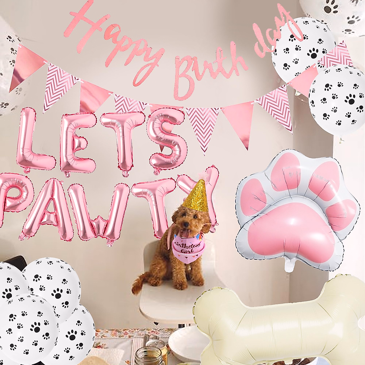 Dog Birthday Decorations Girls - Dog Party Decorations Cute Dog Girl Birthday Bandana Hats Happy Birthday Banner Pennant Pink Dog Paw Bone Foil Balloons for Pet Puppy Party Supplies