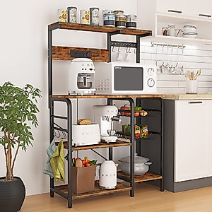 YILFANA Kitchen Bakers Rack with Power Outlet, Bakers Racks for Kitchen with Storage, Microwave Stand with Storage, Kitchen Rack and Shelves with 2 Wire Baskets, 10 S-Hooks, Kitchen Storage Shelves
