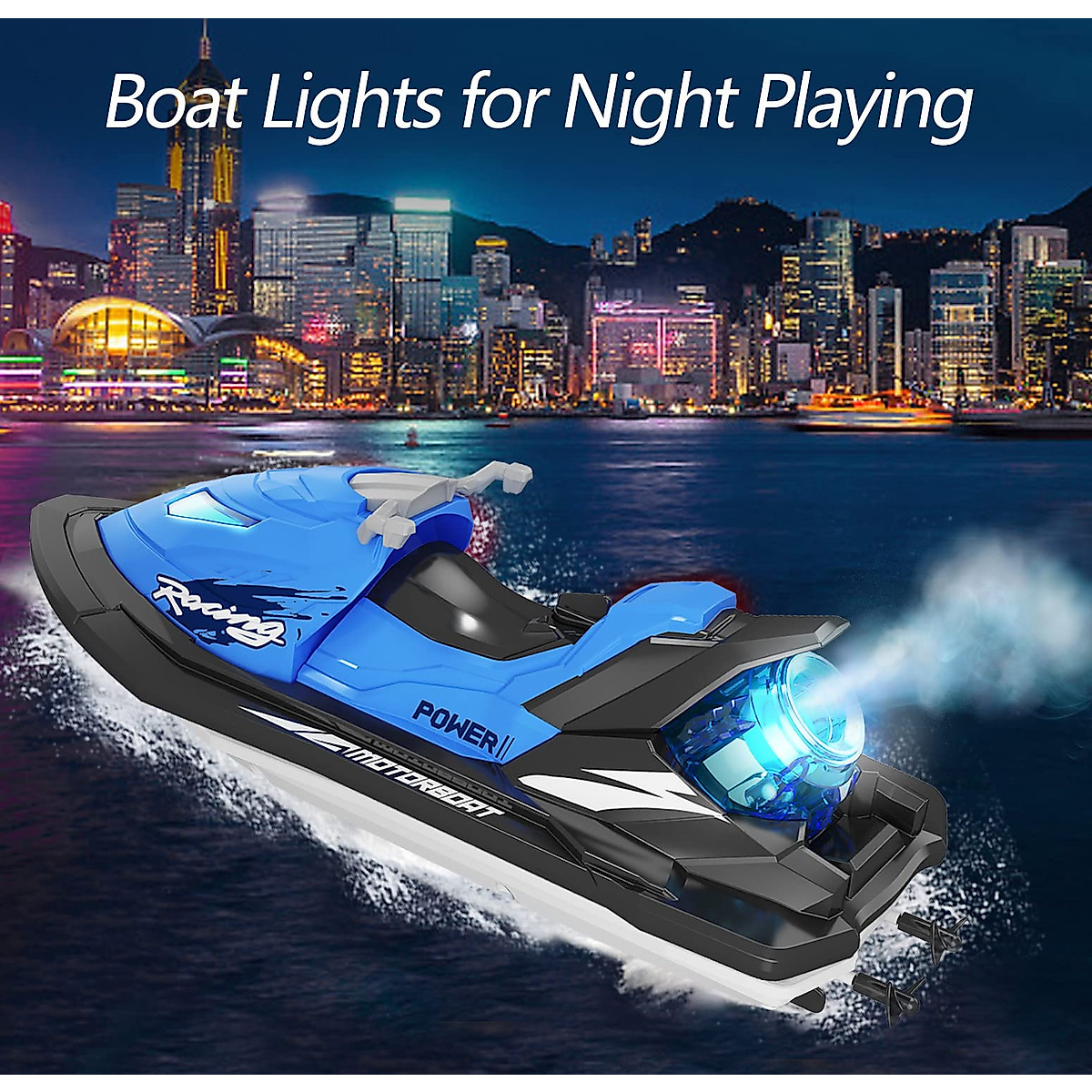 IOKUKI RC Boats for Kids & Adults with Spraying Function, 2.4G Remote Control Boat for Pools & Lakes with Rechargeable Toy Boat Battery/Dual Motors/Low Power Prompt/Waterproof - Blue