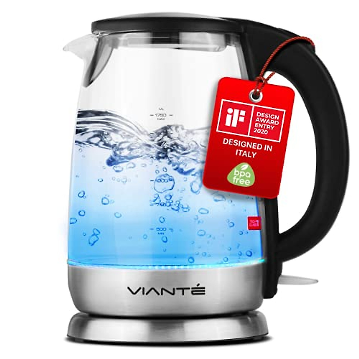 Glass Electric Tea Kettle. Fast Water Boiler. BPA-FREE Stainless Steel & Borosilicate Glass. Designed in Italy. 8 Cups Capacity. 1.7 Liters by Vianté