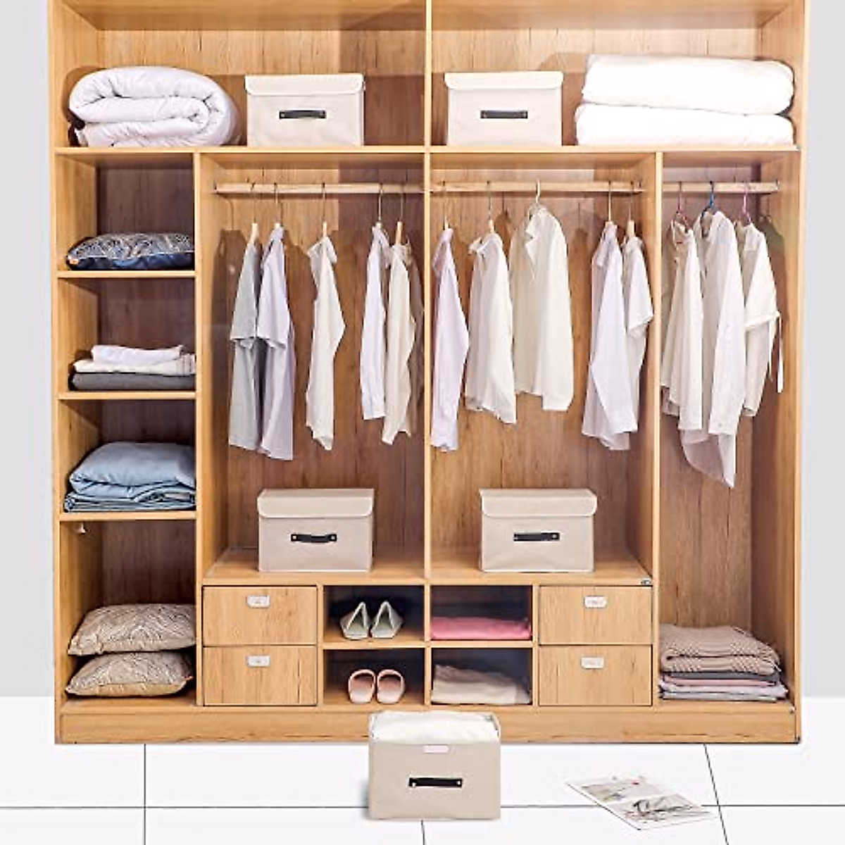 mee'life Foldable Storage Boxes with Lids 2 Pack Fabric Storage Bins with Lids, Closet Organizers for Clothes Storage, Room Organization, Office Storage, Toys - Beige