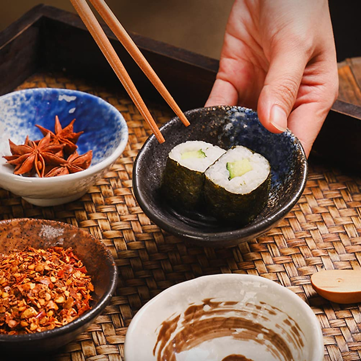 Tofficu Dinnerware Sets 4Pcs Ceramic Seasoning Dishes Reusable Sauce Bowls Japanese Side Dishe Dipping Bowl Mini Dip Bowls Set for Appetizer Snack Ketchup Condiments Dessert Soy Cutlery Set