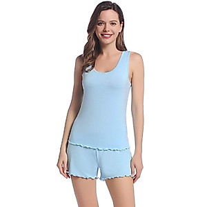 Joyaria Ladies Two Piece Sleeveless Tank Top Pajama/Pj/Sleep/Lounge Shorts Set(Light Blue,Large)