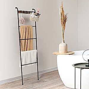 Blanket Ladder Metal Black Blanket Holder with Hooks Leaning Towel Rack Blanket Ladders for The Living Room Bathroom Bedroom (Matte Black)