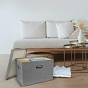 DAYARD Foldable Storage Boxes with Lids Linen Fabric Stackable Storage Bins Organizer Containers Baskets Cube with Cover for Closet Office Nursery, Grey Large (18 x 12 x 12)