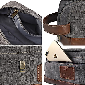 seemeroad Travel Toiletry Bag for Men and Women, Canvas Toiletry Organizer Water-Resistant Vegan Leather, Hanging Dopp Kit Shaving Bag for Toiletries Accessories (Gray, Medium)
