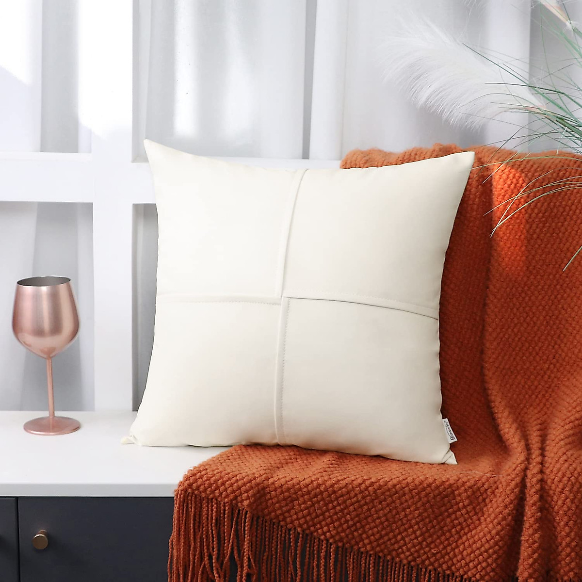 BRAWARM Faux Leather Throw Pillow Covers 20 X 20 Inches, Cream Leather Pillow Covers Pack of 2, Hand Stitched Leather Decorative Throw Pillows for Couch Sofa Bed Living Room Home Garden