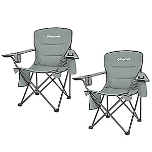 KingCamp Oversized Folding Camping Chair for Adults Portable Outdoor Lawn Heavy Duty with Cooler, Cup Holder, Side Pocket,Carry Bag, 2 Pack, Grey