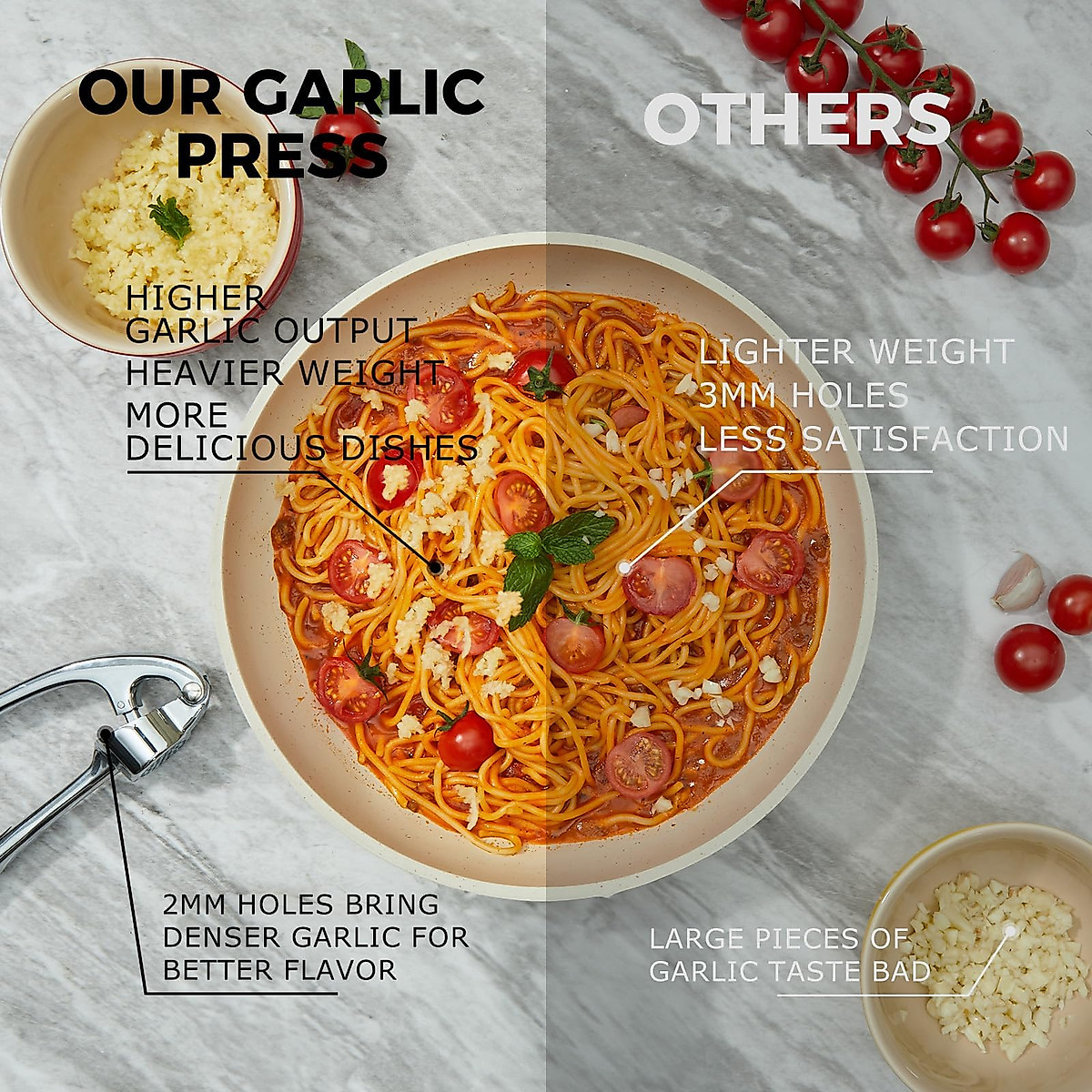 Premium Garlic Press, Garlic Mincer Set of 3 with Silicone Roller Peeler & Cleaning Brush - Gloss Silver