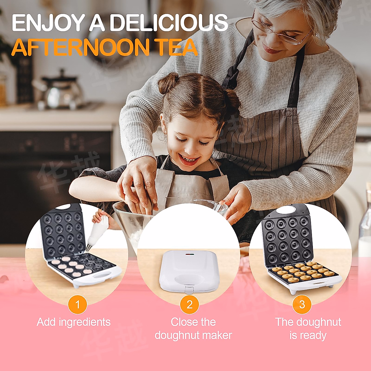 16 Hole Mini Donut Machine, Double Sided Heating Mini Donut Maker Machine,1400W Perfect for Breakfast, Snacks & Desserts,Non-stick Surface, Kid's friendly