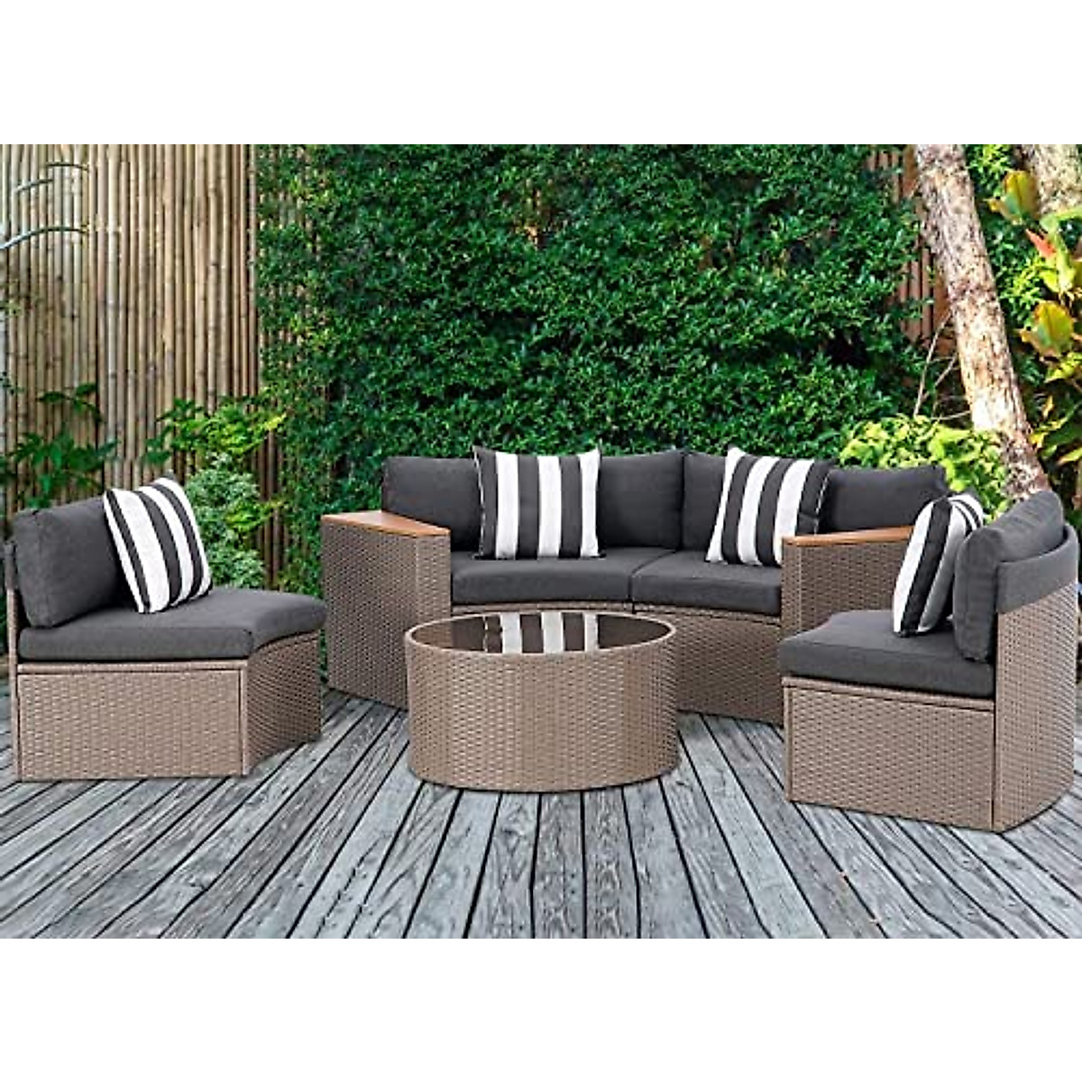SOLAURA 5-Piece Patio Sectional Furniture Set Half-Moon Patio Set Grey Wicker Curved Outdoor Sofa with Grey Cushions & Round Glass Coffee Table (Pillow Included)