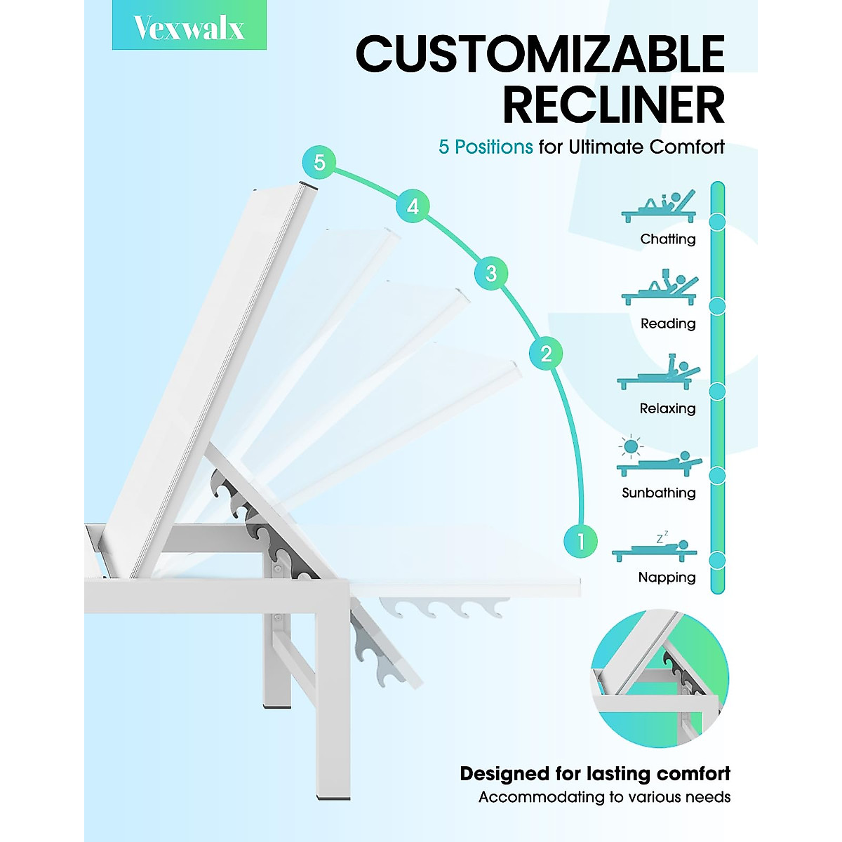 Vexwalx Chaise Lounge Chair for Sunbathing Pool Lounge Chairs with 5-Position, Patio Chair Outdoor Lounge Chairs for Backyard, Poolside, Deck, Lawn