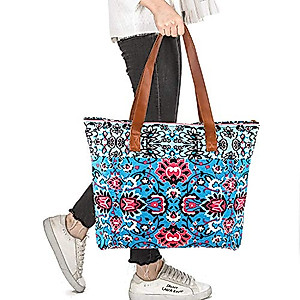 NC Floral Canvas Tote bags Shoulder Bag Women Zip GYM Hiking Picnic Travel Beach Pool Weekend Book Bag(Blue Flor)