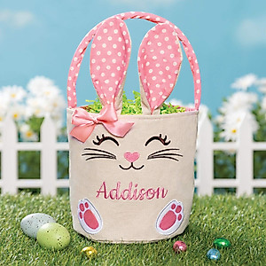 Personalized Bunny Ears Bucket Bag with Custom Name | Pink Polka Dot Liner Easter Bag with Handle | Soft Egg Basket for Kids | Customized Easter Basket | Great for Book and Toy Storage