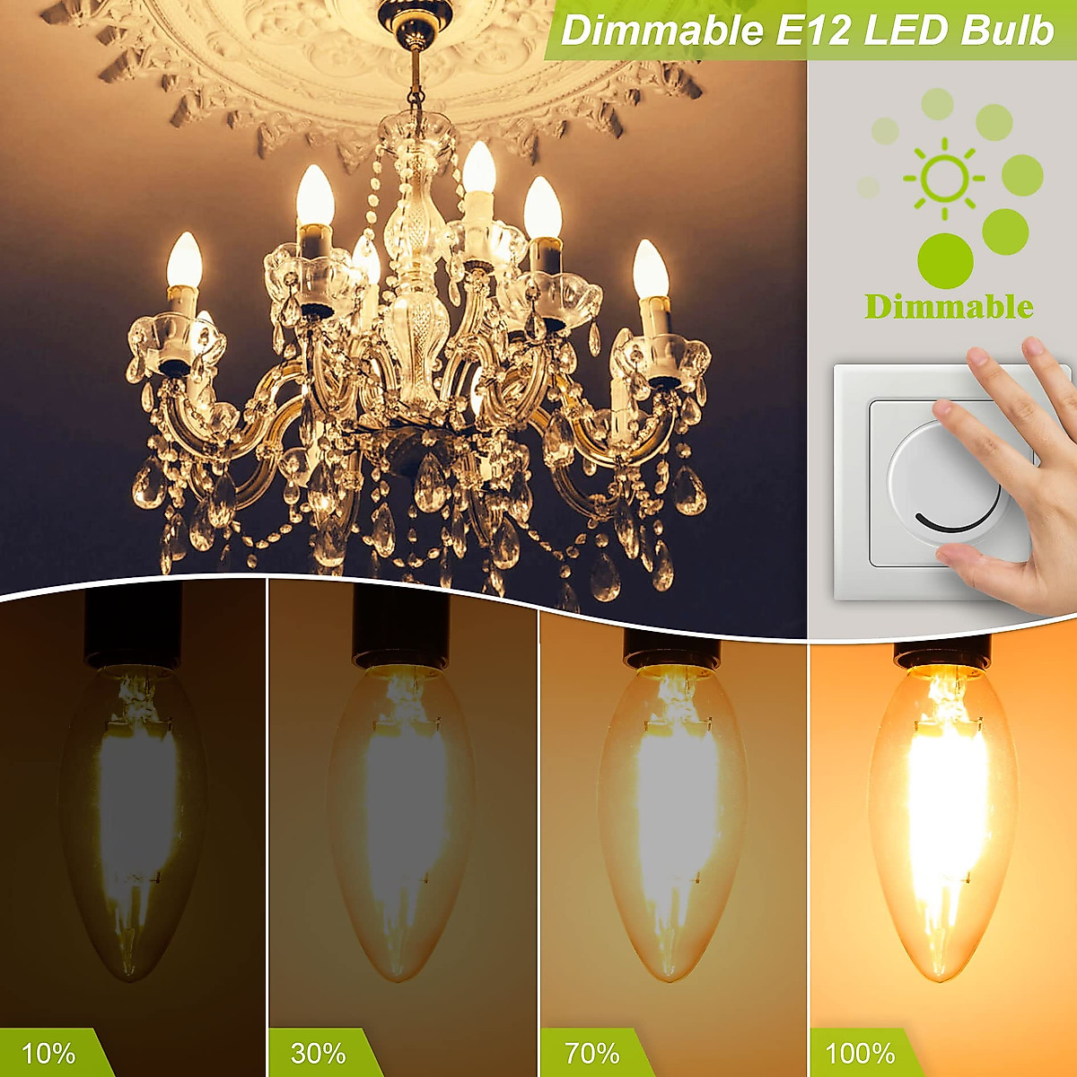 GOLSPARK Candelabra LED Bulbs Filament Dimmable Vintage Edison Light Bulb Chandelier,Warm White 3000K,40 Watt Equivalent,400 Lumen,E12 Base,6 Pack