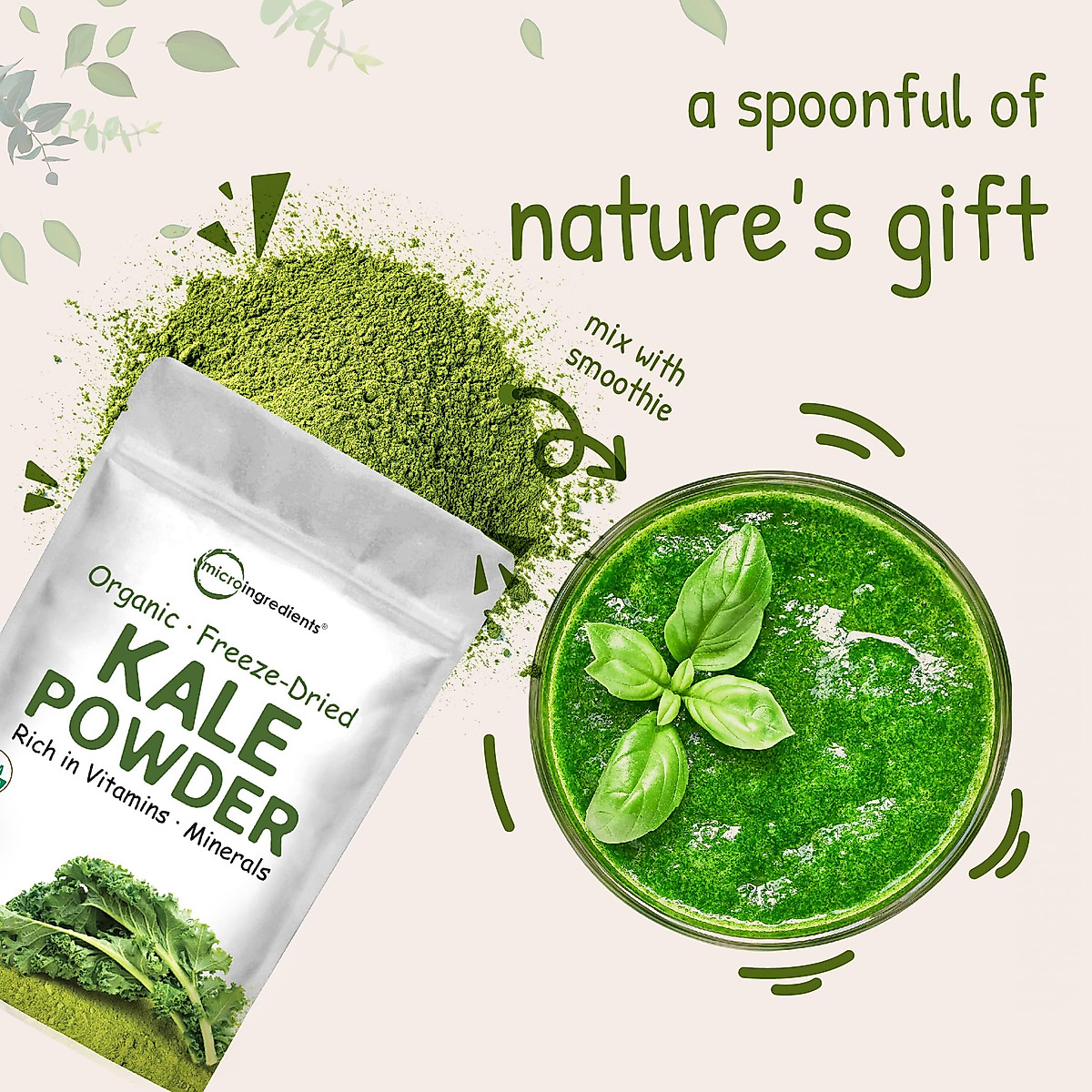 Sustainably US Grown, Organic Kale Powder, 2 Pounds | Fresh Freeze Dried Source | Nutrient-Dense Greens Superfood | Kale Tea and Green Drink Mix | 907 Servings, No GMOs, Vegan Friendly