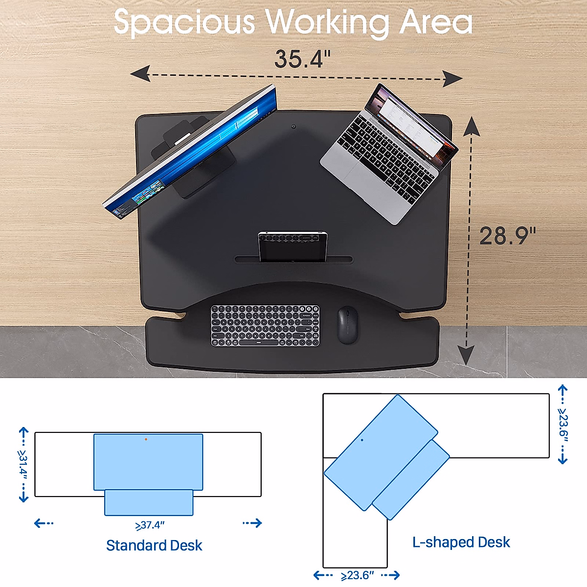 Joy Seeker Standing Desk Converter 35 Inches Height Adjustable Sit to Stand Desk Riser Dual Gas Springs Stand up Desk with Wide Keyboard Tray for Laptops Dual Monitor Riser Workstation, Black