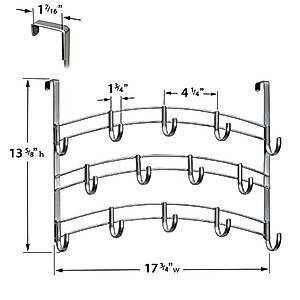 Lynk® Over Door Hook Rack - 14 Hook - Shirt, Belt, Hat, Coat, Towel, Purse, Bra Organizer - Platinum