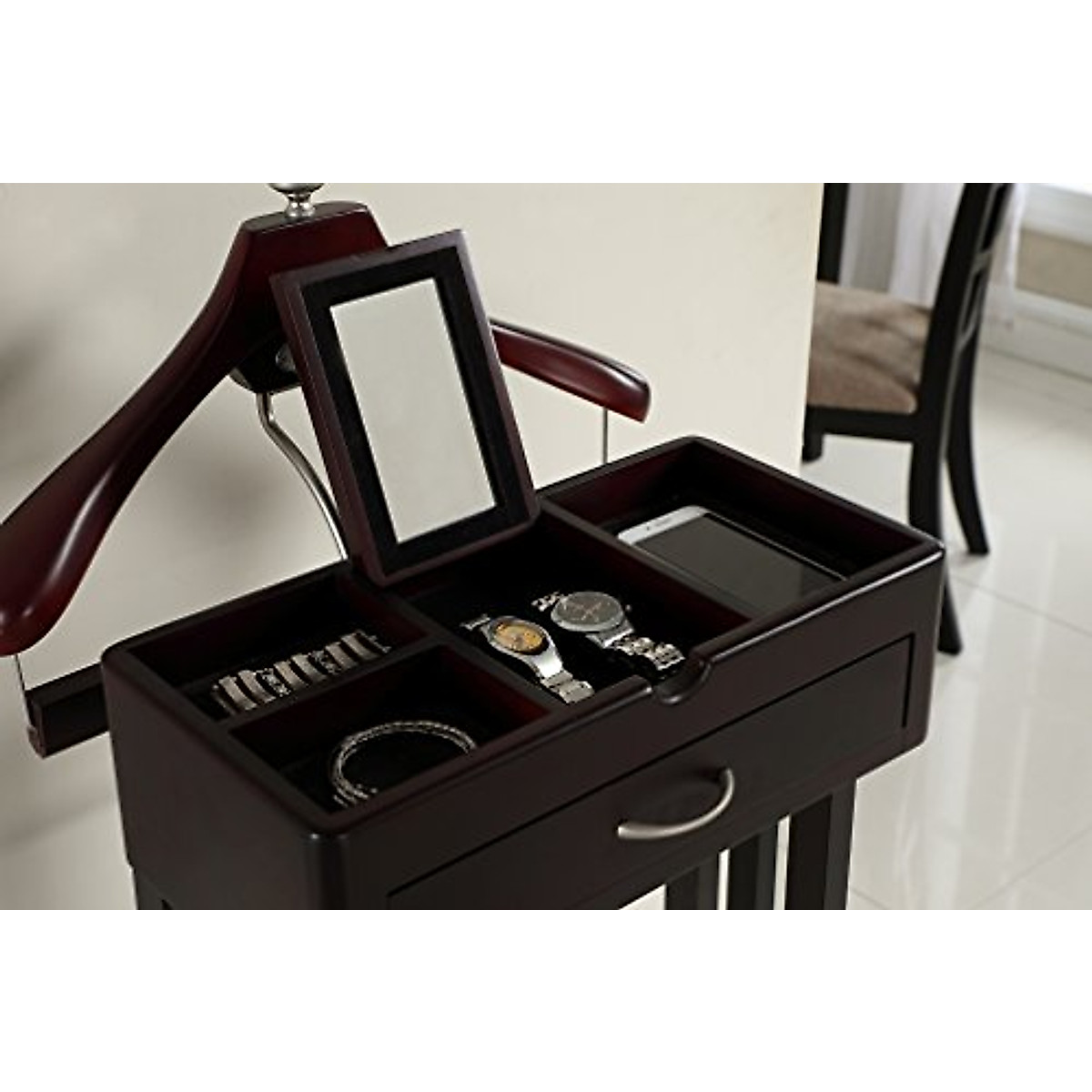 Proman Products Norstar Suit Valet Stand VL36245 with Detachable Hanger, Trouser Bar, Tie Bars, Mirror Tray & Drawer, 20”W x 15” D x 49”H, Mahogany