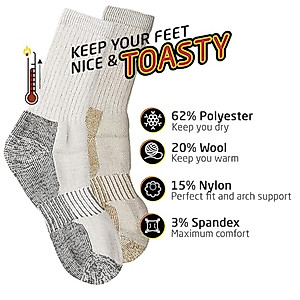 HOT FEET 4 Pack Work Socks for Men & Women - Breathable Boot Hiking Socks, Moisture Wicking Thick Wool Socks, Sizes 6-12.5, Man, Dark Gray & Oatmeal
