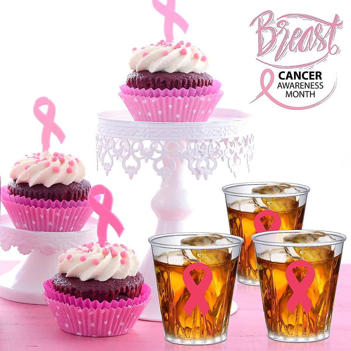Roshtia 200 Pcs 2 oz Breast Cancer Awareness Cups Pink Ribbon Plastic Shot Glasses Clear Disposable Mini Drinking Wine Cups for Woman Breast Cancer Awareness Month Themed Party Supplies